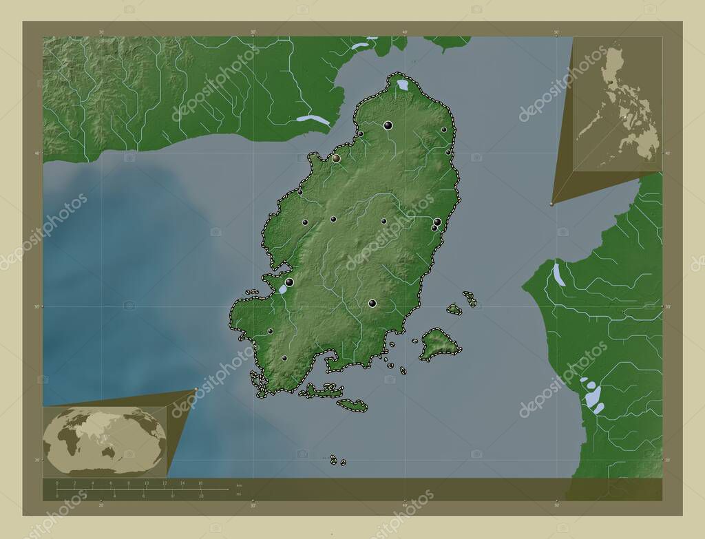 Guimaras, province of Philippines. Elevation map colored in wiki style ...
