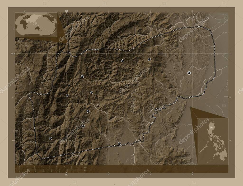 Ifugao, province of Philippines. Elevation map colored in sepia tones ...