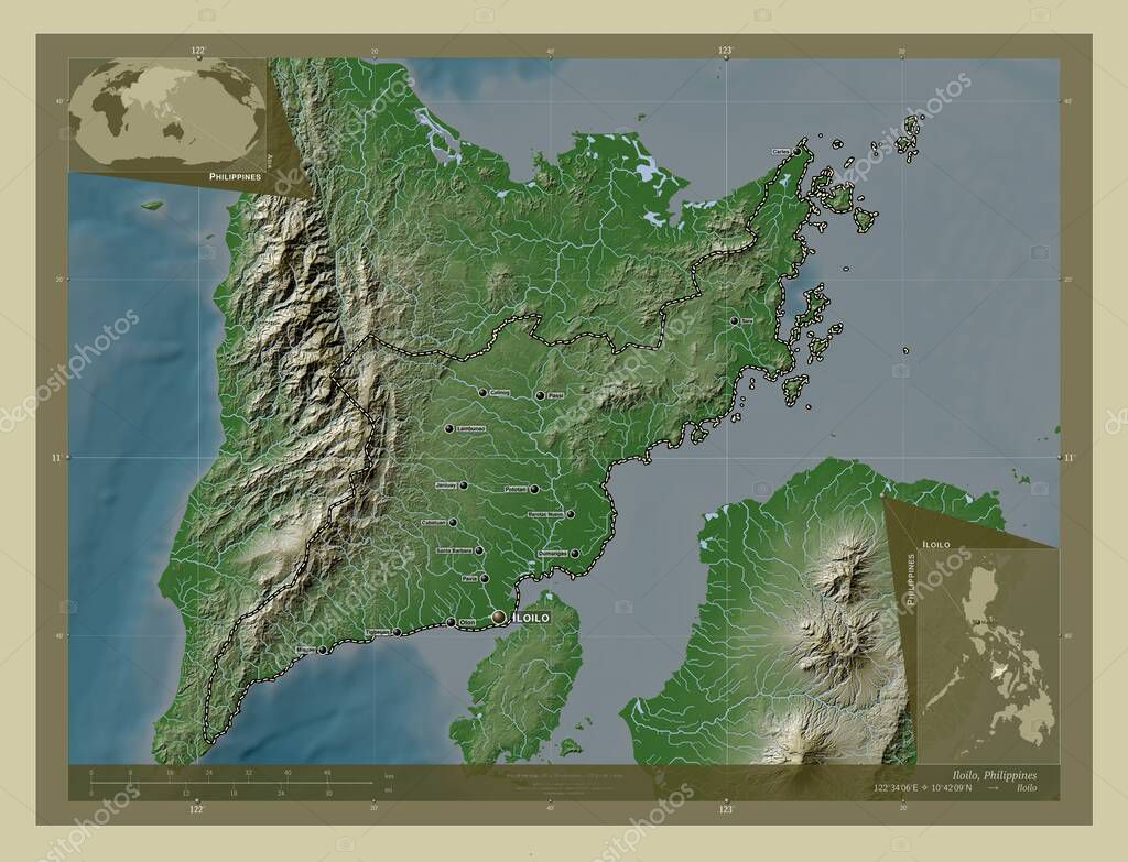 Iloilo, province of Philippines. Elevation map colored in wiki style ...