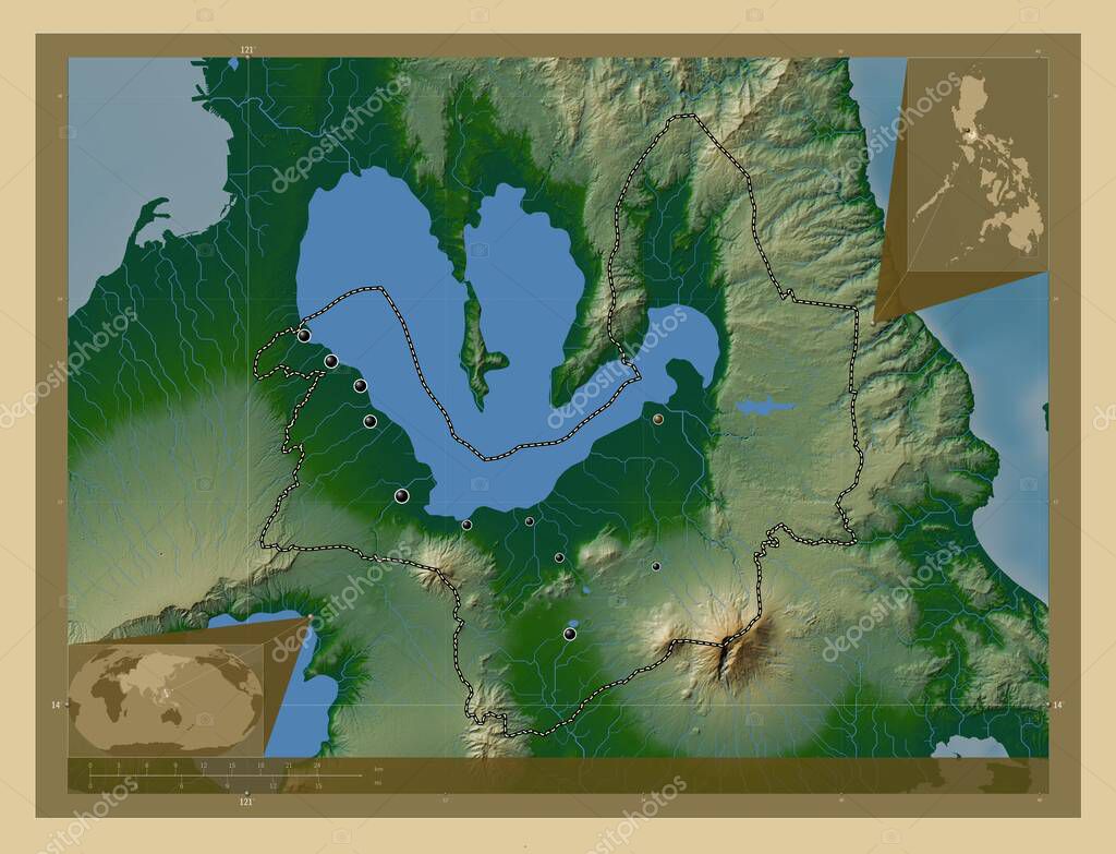 Laguna, province of Philippines. Colored elevation map with lakes and ...