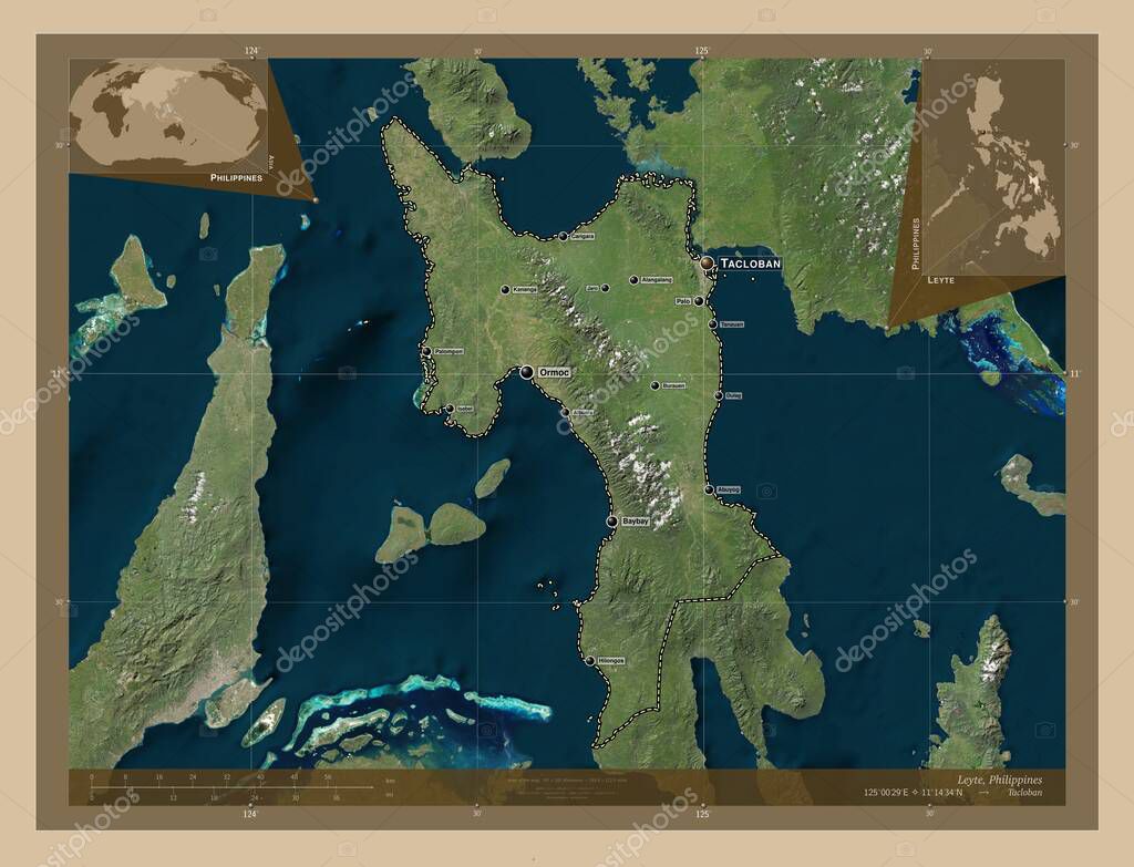 Leyte, province of Philippines. Low resolution satellite map. Locations ...