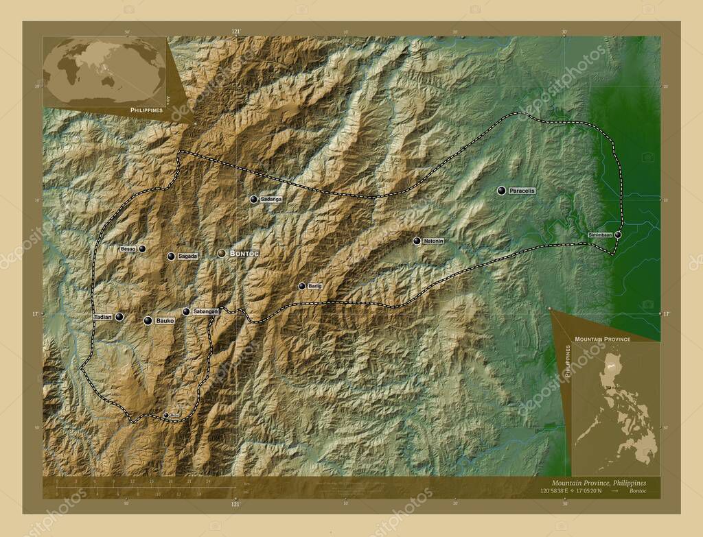 Mountain Province, province of Philippines. Colored elevation map with ...