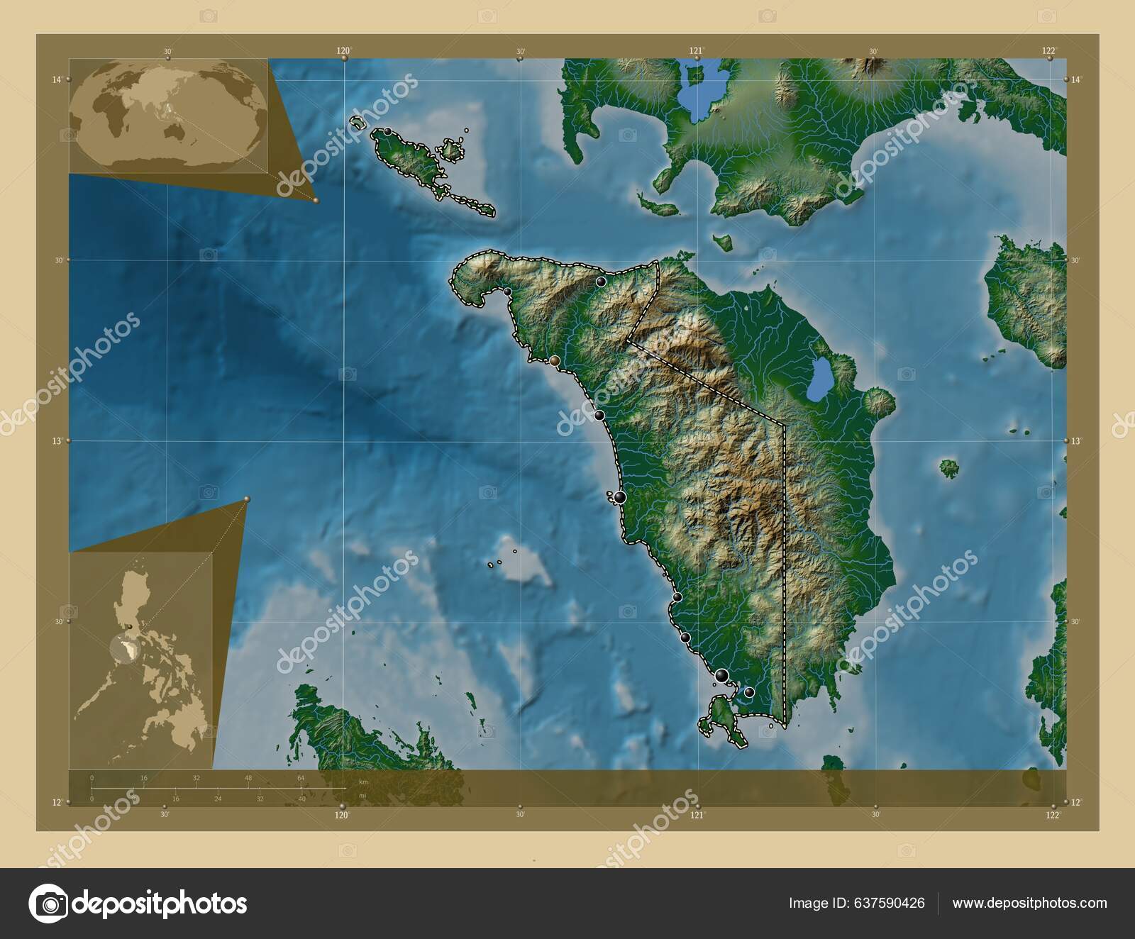 Occidental Mindoro Province Philippines Colored Elevation Map Lakes ...