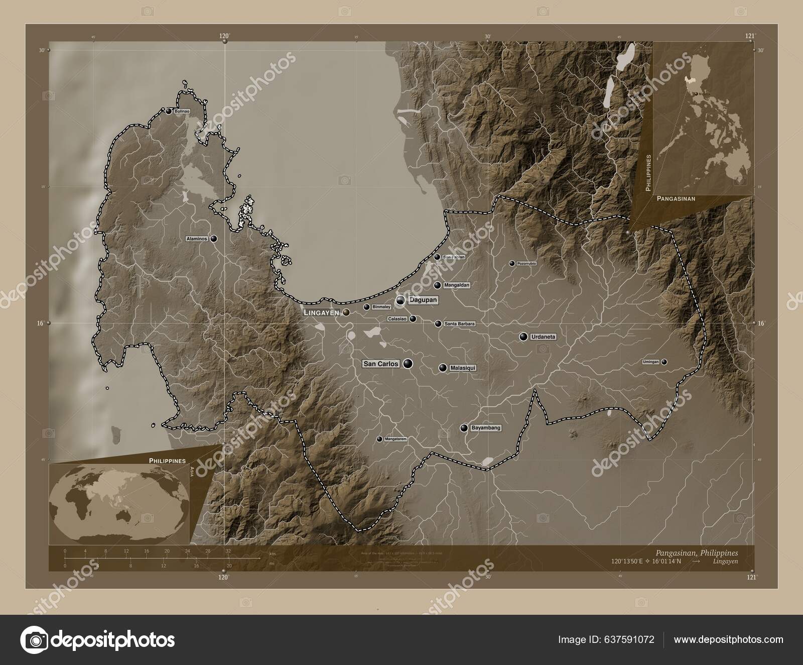 Pangasinan Province Philippines Elevation Map Colored Sepia Tones Lakes ...