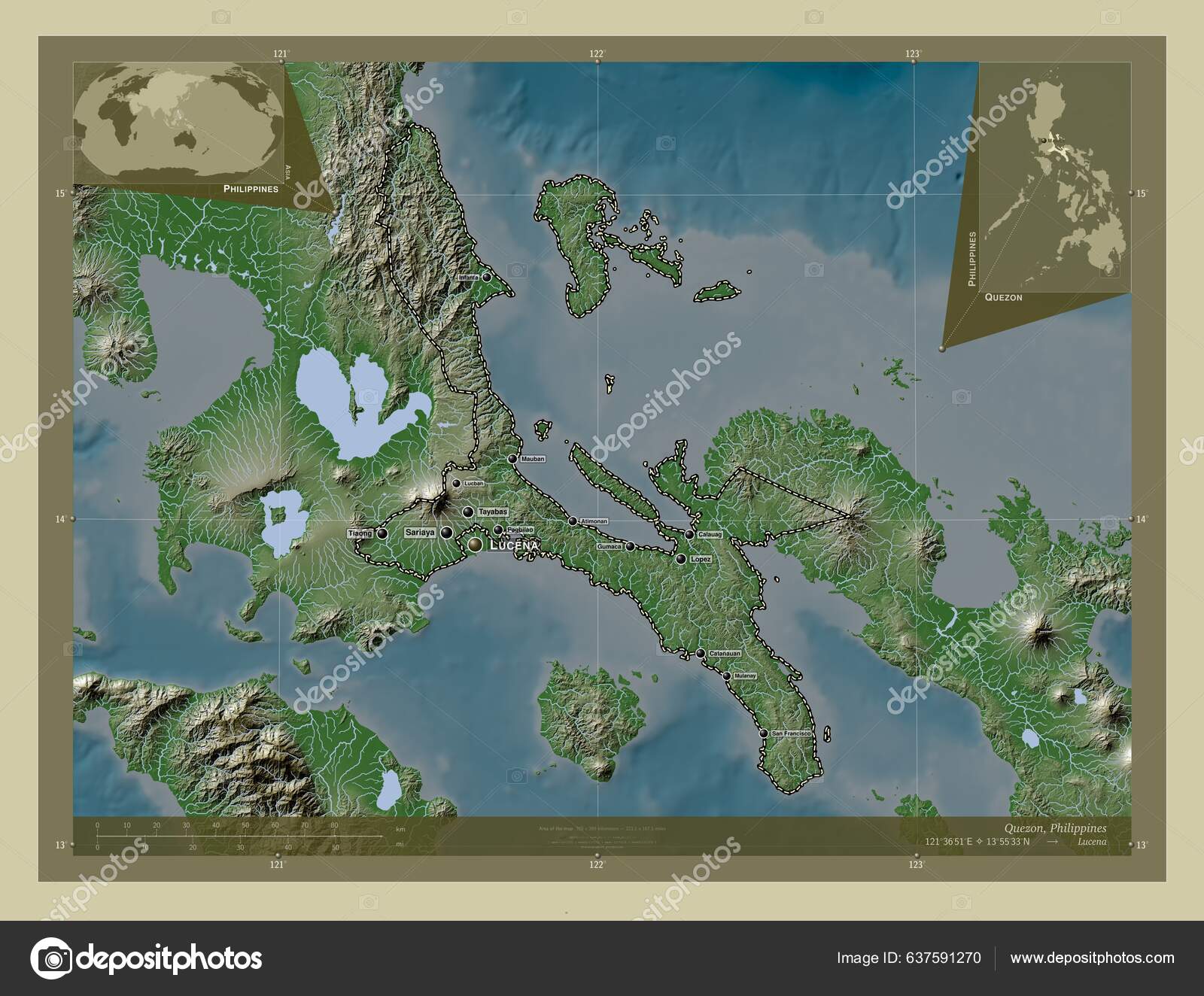 Quezon Province Philippines Elevation Map Colored Wiki Style Lakes ...