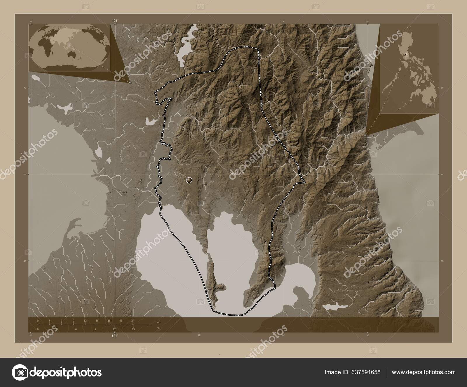 Rizal Province Philippines Elevation Map Colored Sepia Tones Lakes ...