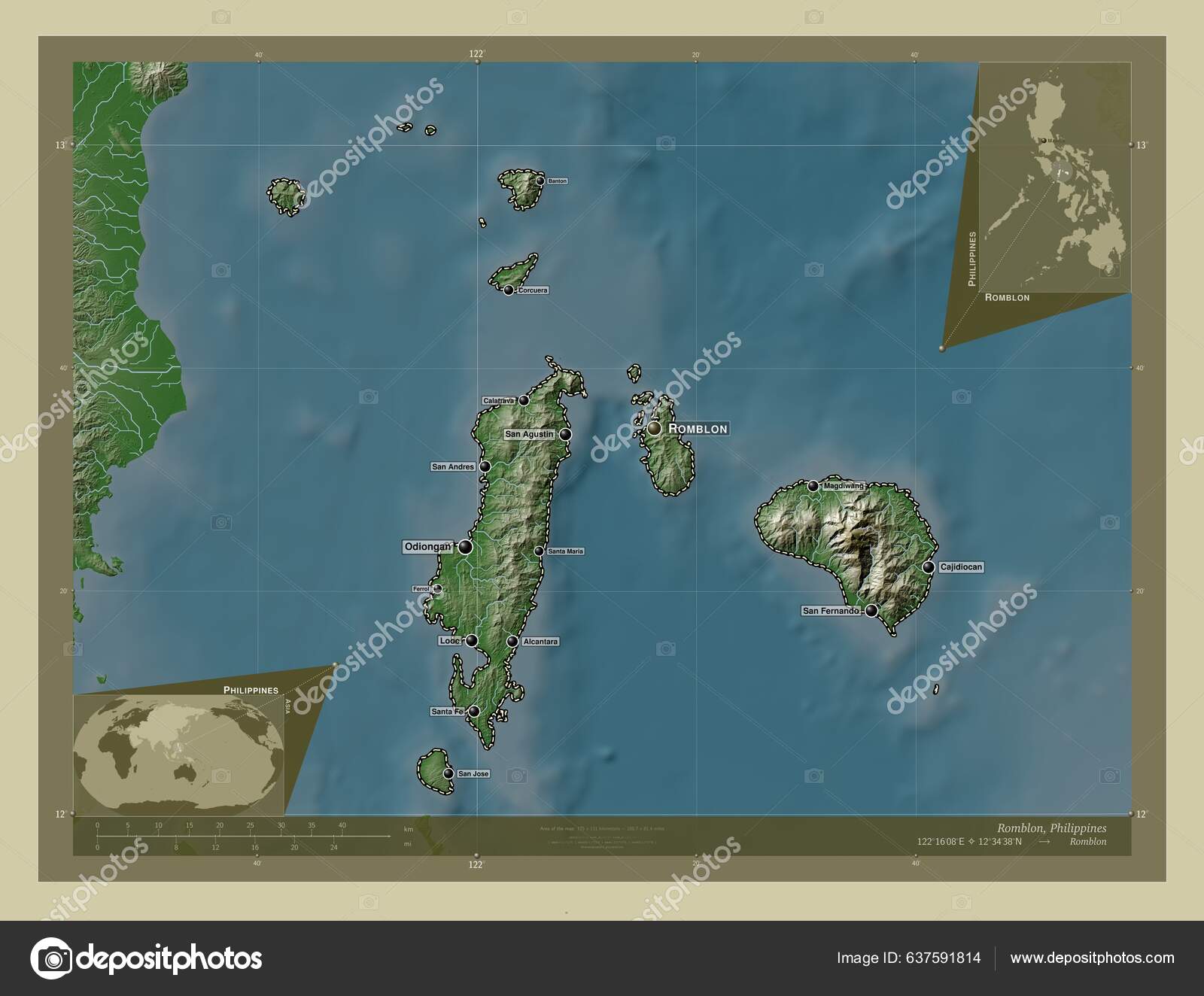 Romblon Province Philippines Elevation Map Colored Wiki Style Lakes ...