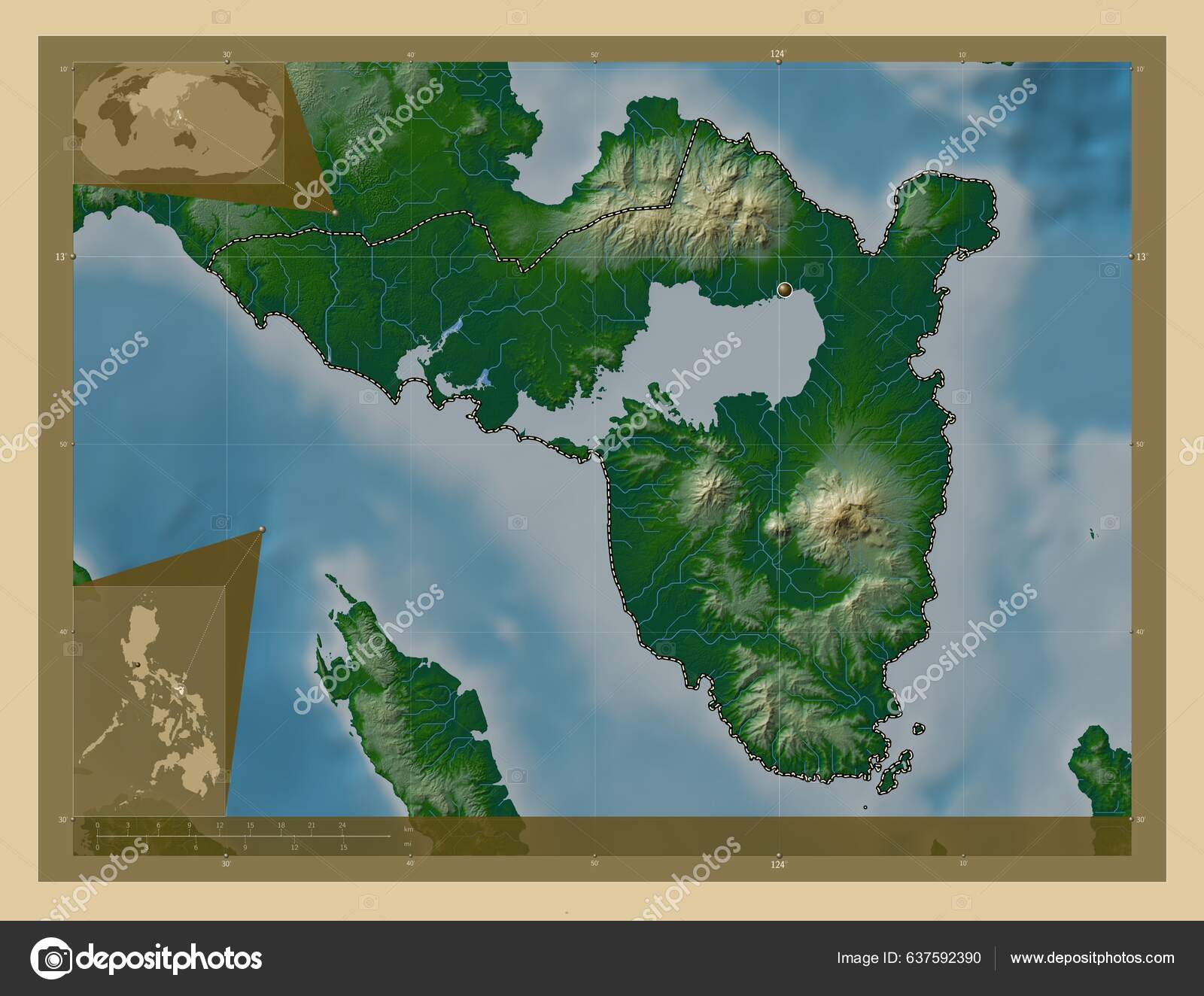 Sorsogon Province Philippines Colored Elevation Map Lakes Rivers Corner ...