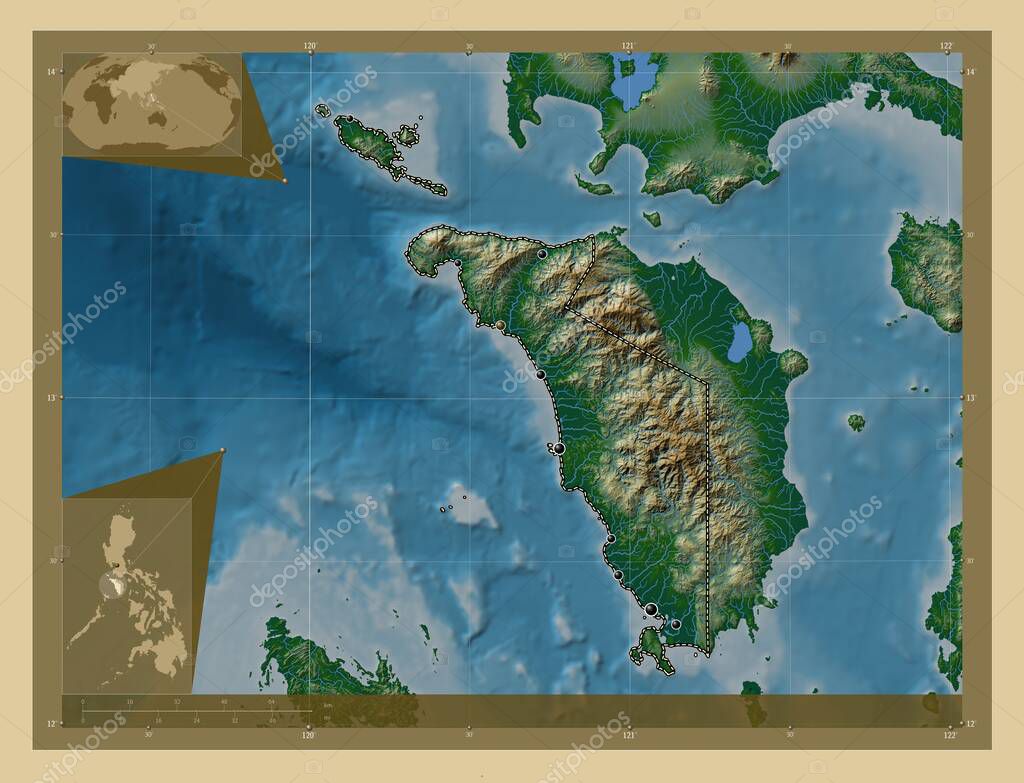 Occidental Mindoro, province of Philippines. Colored elevation map with lakes and rivers ...