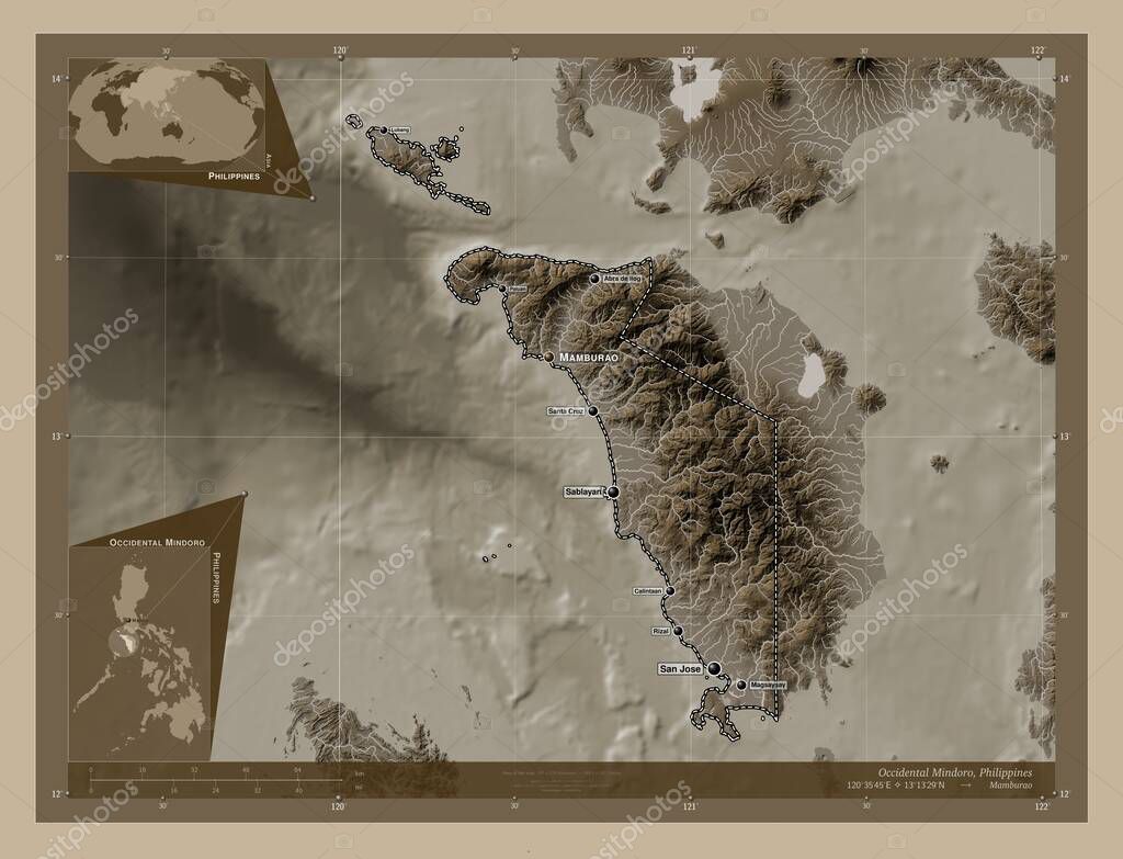 Occidental Mindoro, province of Philippines. Elevation map colored in ...