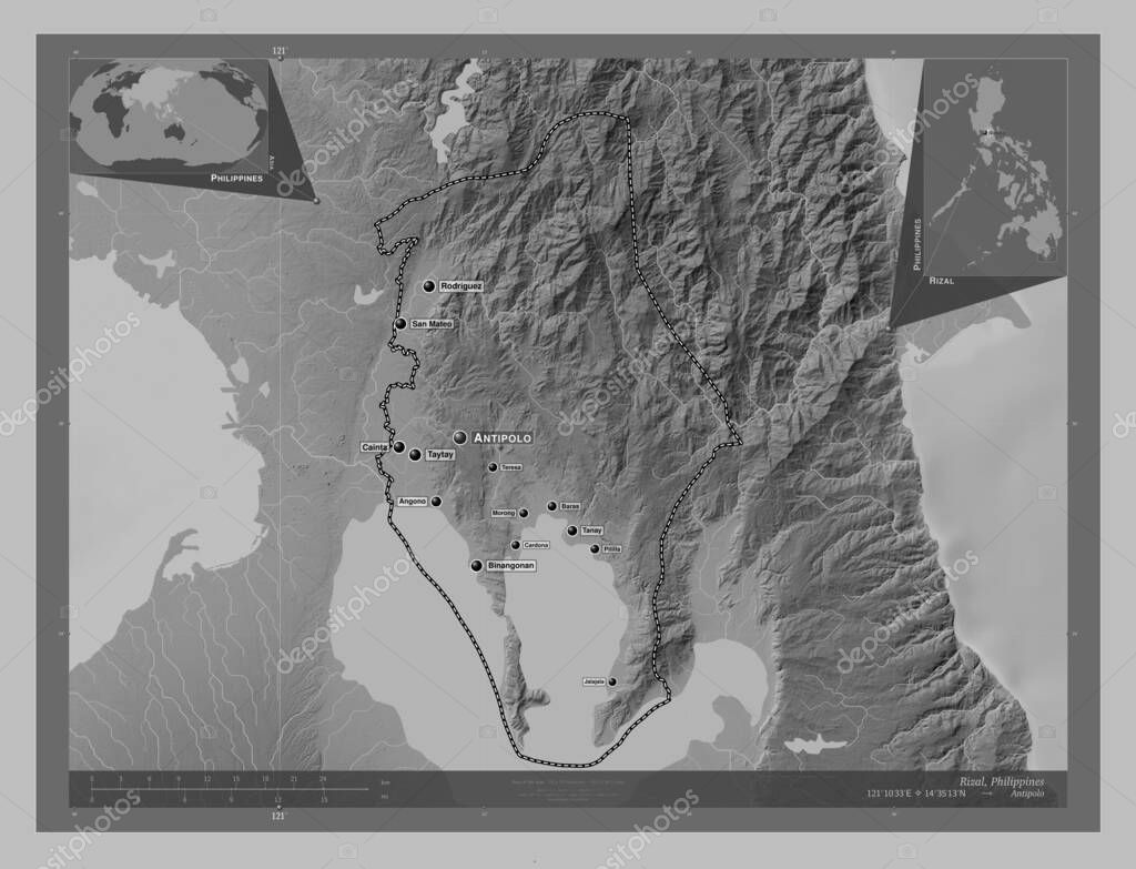 Rizal, province of Philippines. Grayscale elevation map with lakes and ...