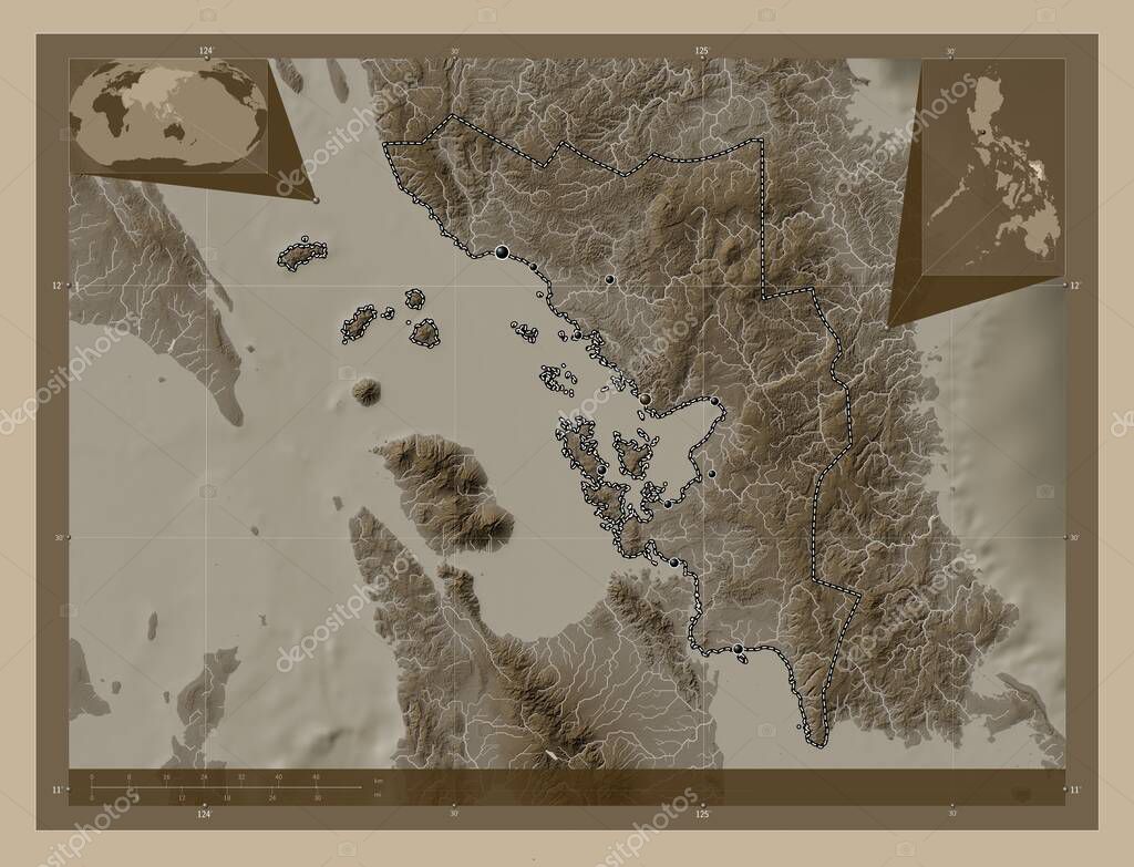 Samar, province of Philippines. Elevation map colored in sepia tones ...