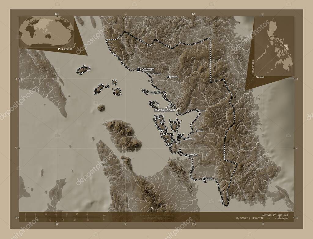 Samar, province of Philippines. Elevation map colored in sepia tones ...