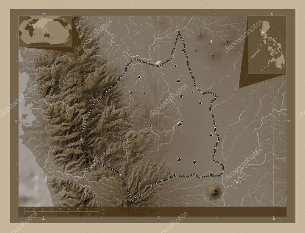 Tarlac, province of Philippines. Elevation map colored in sepia tones ...