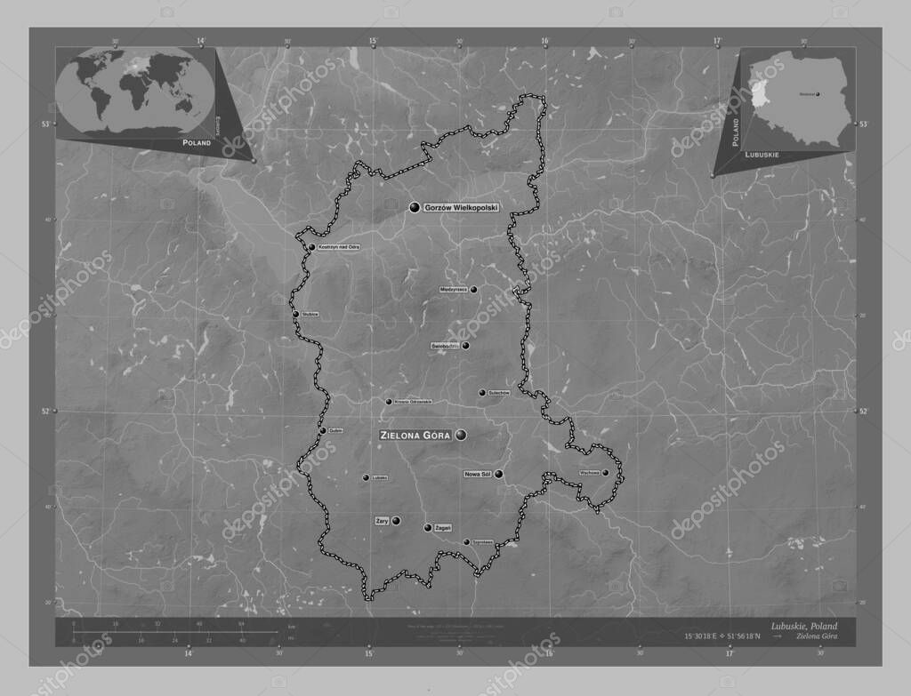 Lubuskie, voivodeship|province of Poland. Grayscale elevation map with lakes and rivers ...