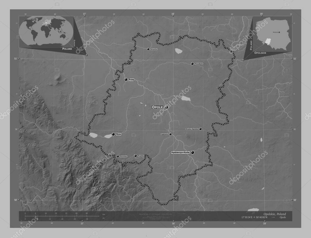 Opolskie, voivodeship|province of Poland. Grayscale elevation map with lakes and rivers ...