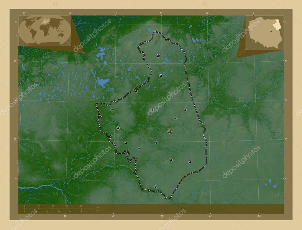 Podlaskie, voivodeship|province of Poland. Colored elevation map with ...