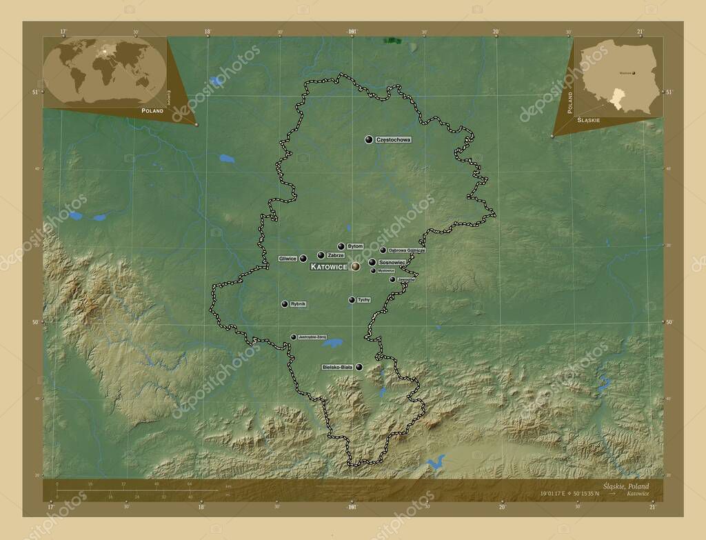 Slaskie, voivodeship|province of Poland. Colored elevation map with ...
