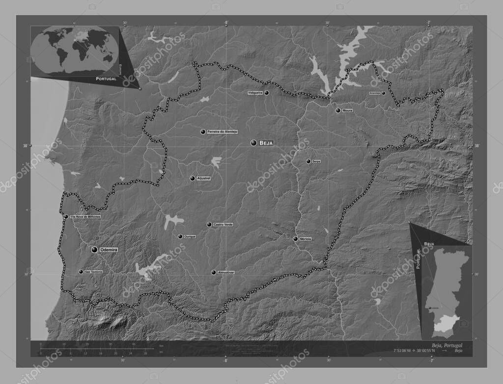 Beja, district of Portugal. Bilevel elevation map with lakes and rivers ...