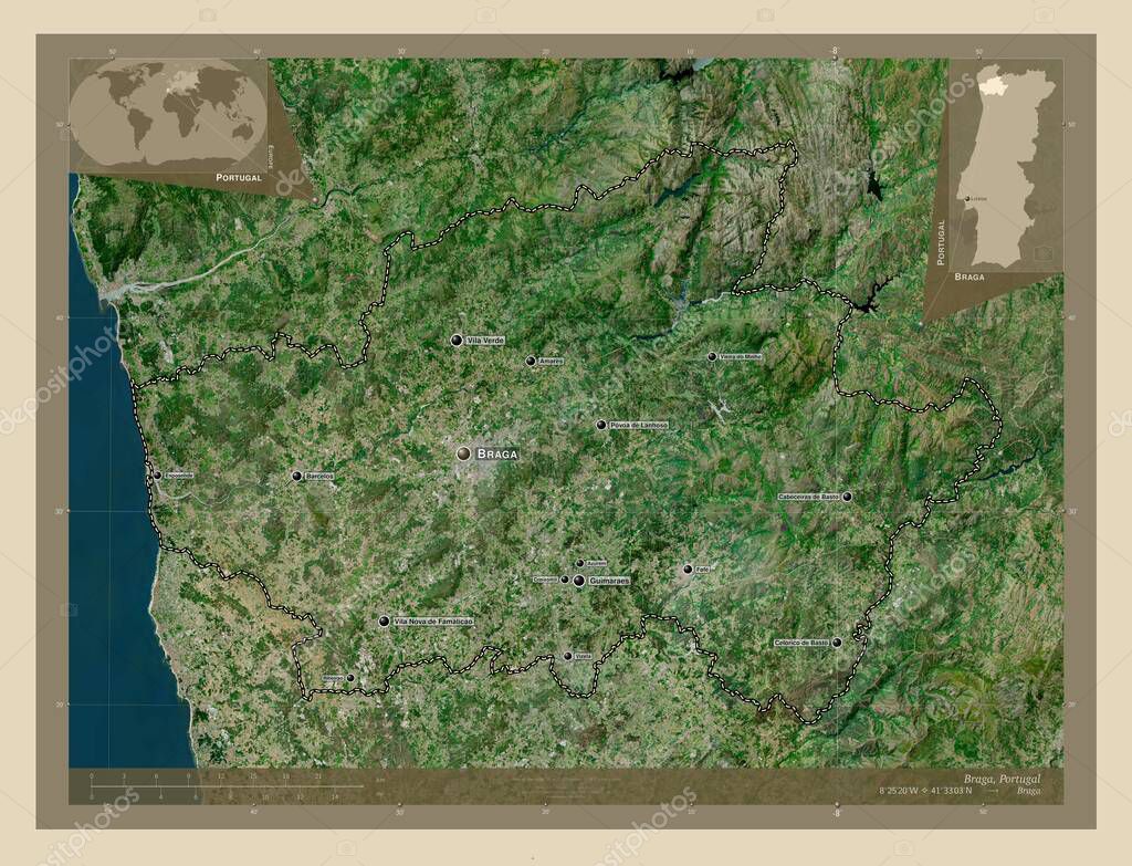 Braga, district of Portugal. High resolution satellite map. Locations ...