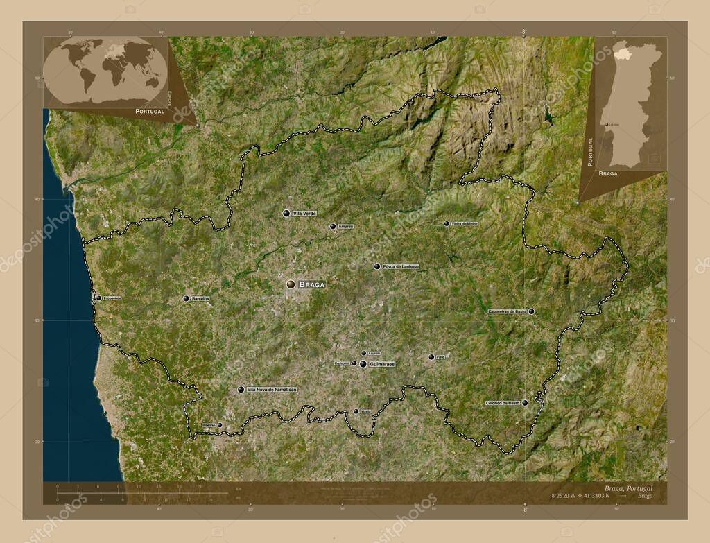 Braga, district of Portugal. Low resolution satellite map. Locations ...