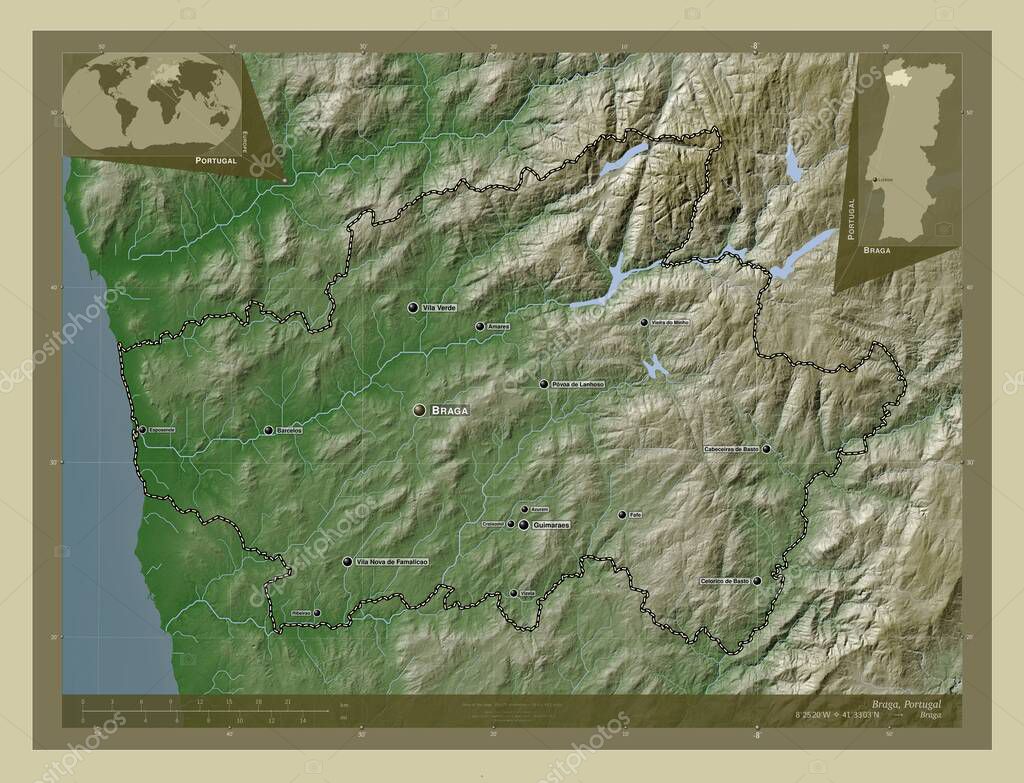 Braga, district of Portugal. Elevation map colored in wiki style with ...