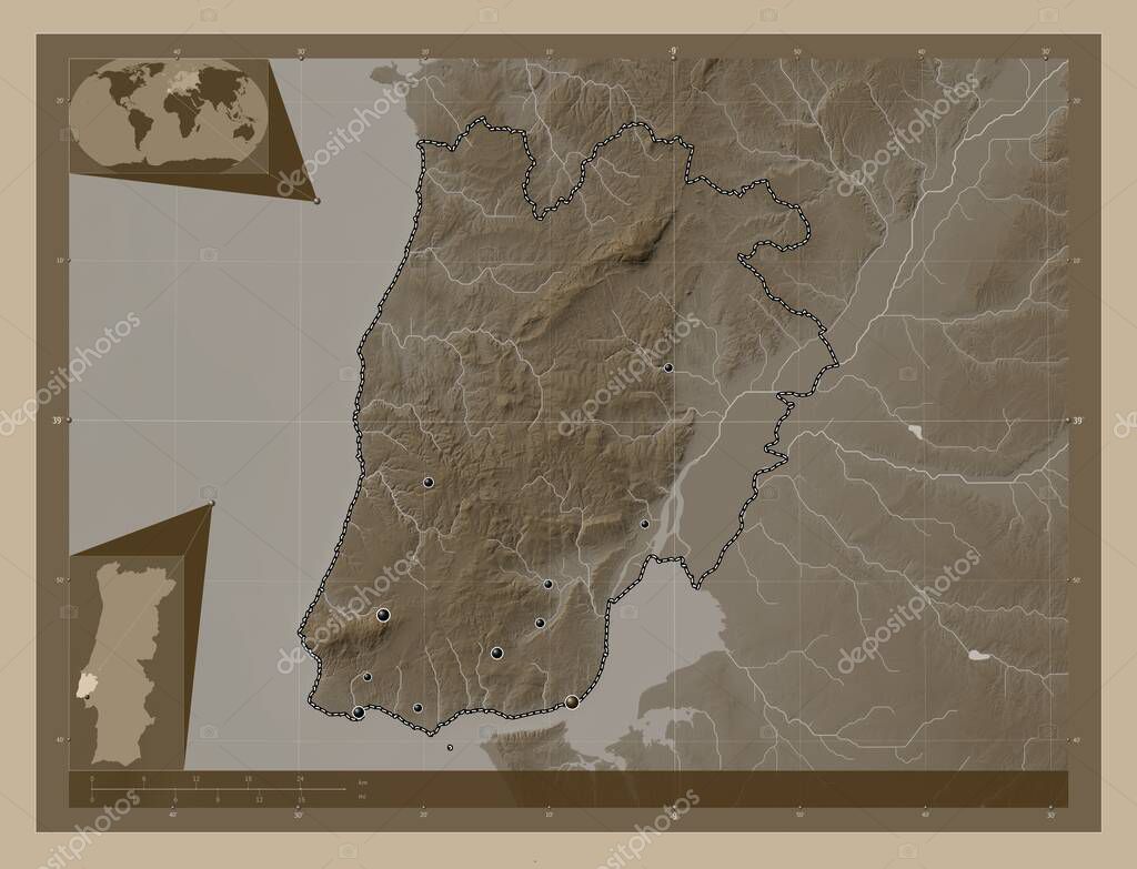 Lisboa, district of Portugal. Elevation map colored in sepia tones with ...