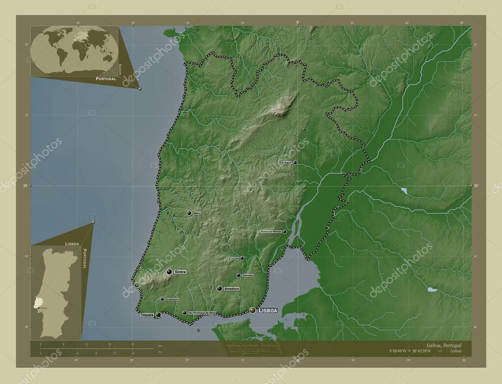 Lisboa, district of Portugal. Elevation map colored in wiki style with lakes and rivers ...