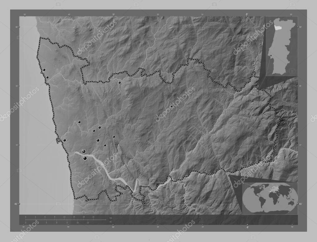 Porto, district of Portugal. Grayscale elevation map with lakes and ...