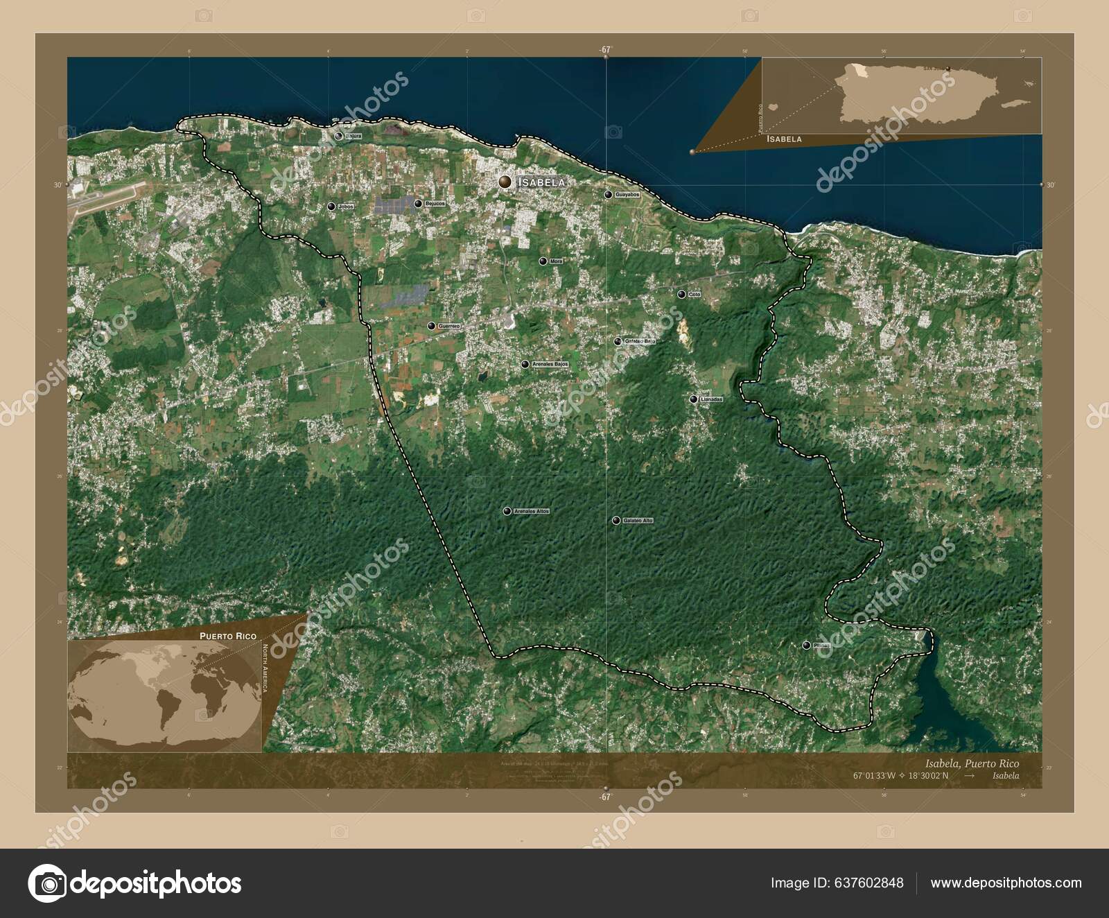 Isabela Municipality Puerto Rico Low Resolution Satellite Map Locations ...