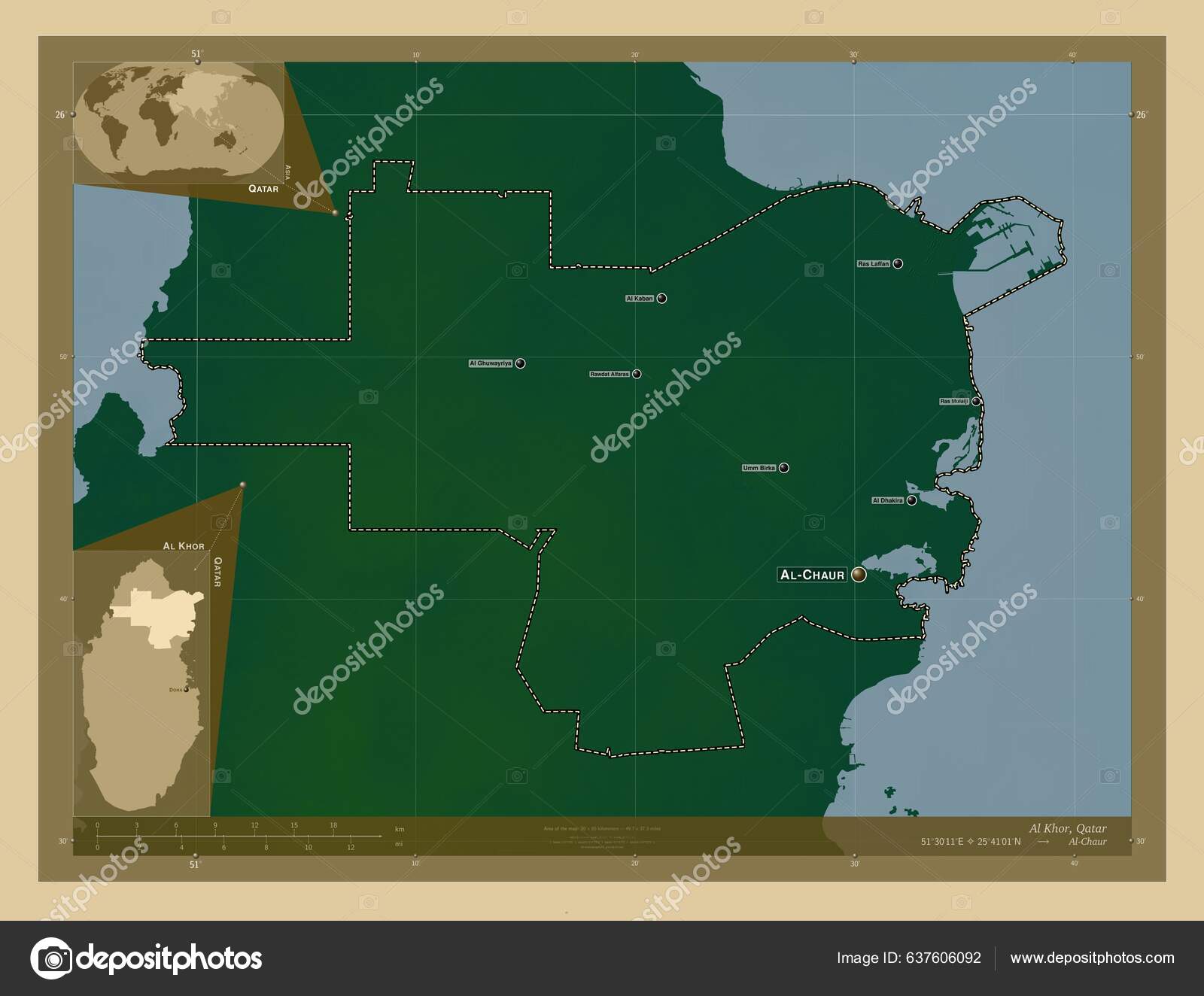 Khor Municipality Qatar Colored Elevation Map Lakes Rivers Locations ...