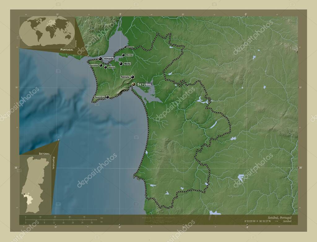 Setubal, district of Portugal. Elevation map colored in wiki style with ...