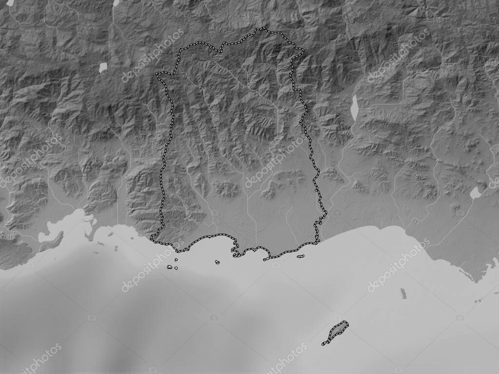 Ponce, municipality of Puerto Rico. Grayscale elevation map with lakes ...