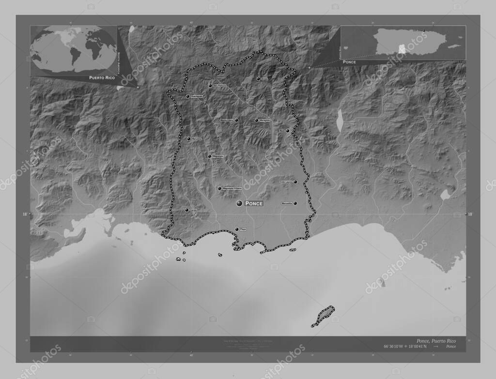 Ponce, municipality of Puerto Rico. Grayscale elevation map with lakes ...