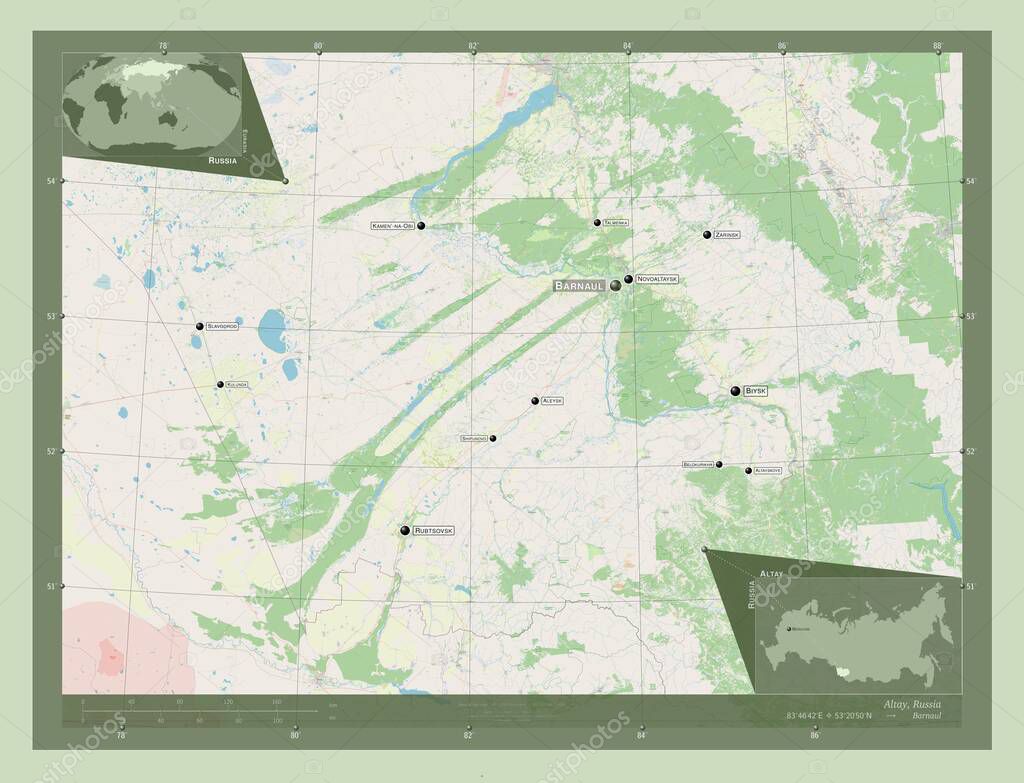 Altay, territory of Russia. Open Street Map. Locations and names of ...