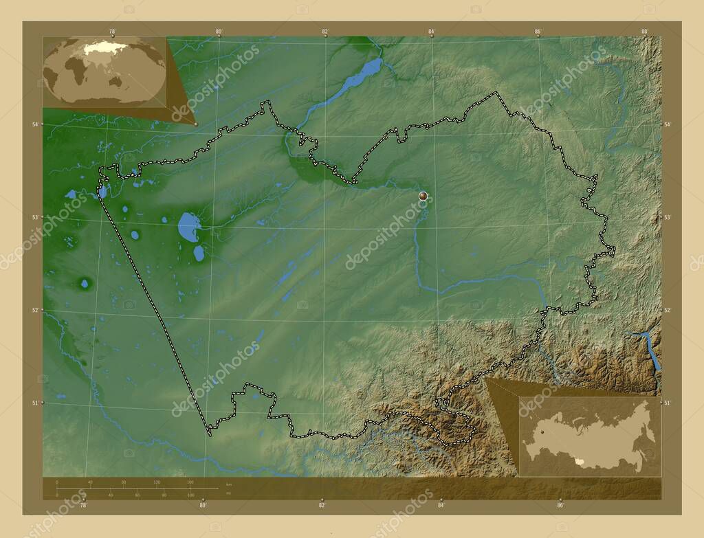 Altay, territory of Russia. Colored elevation map with lakes and rivers ...