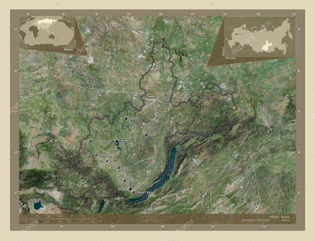 Irkutsk, region of Russia. High resolution satellite map. Locations and ...
