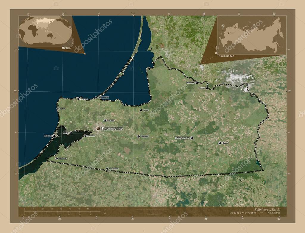 Kaliningrad, region of Russia. Low resolution satellite map. Locations ...