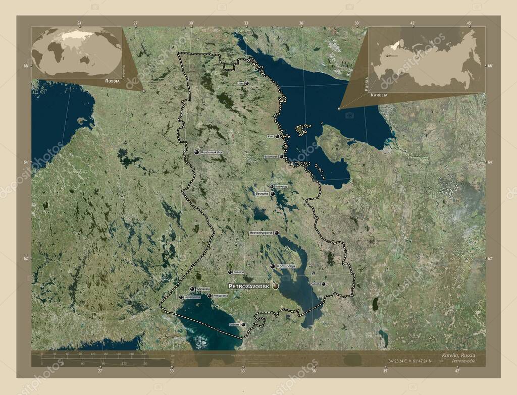 Karelia, republic of Russia. High resolution satellite map. Locations ...