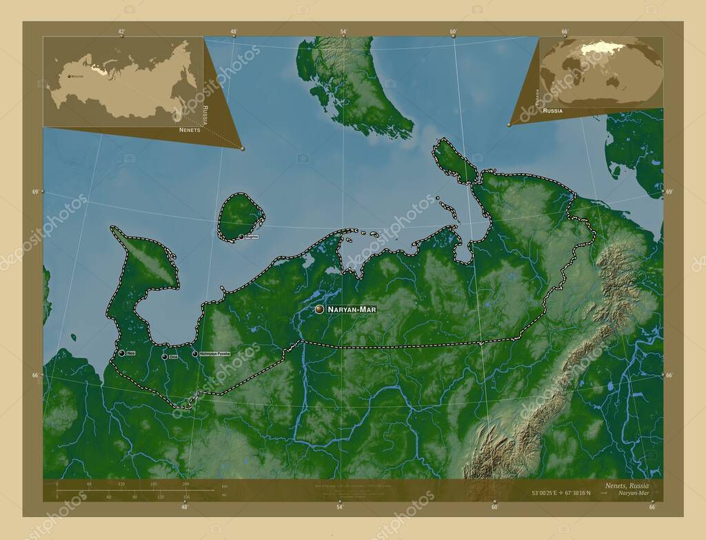 Nenets, autonomous province of Russia. Colored elevation map with lakes ...
