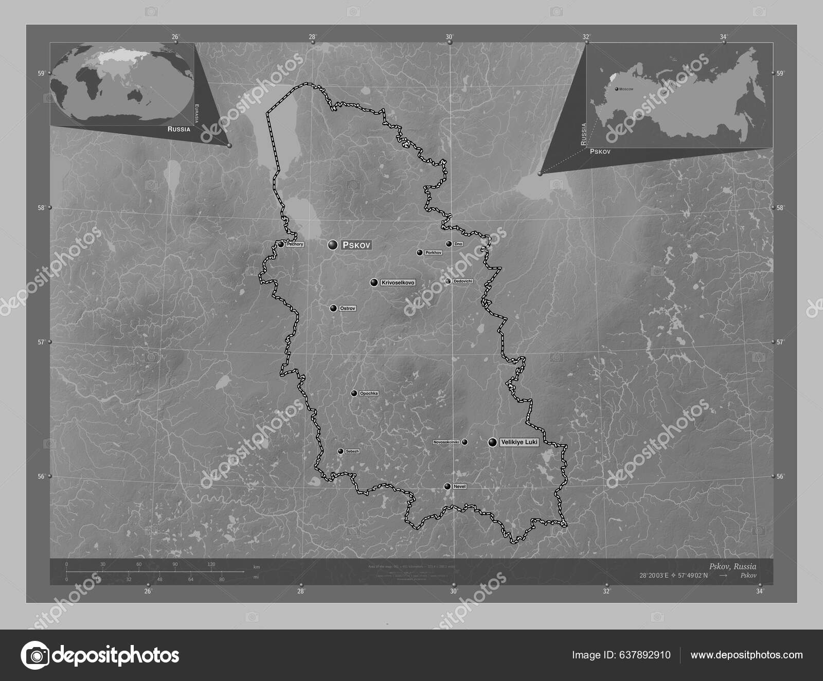 Pskov Region Russia Grayscale Elevation Map Lakes Rivers Locations ...