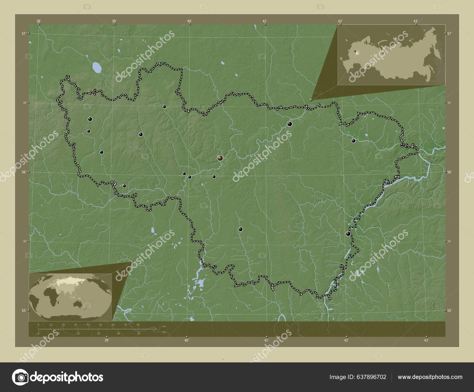 Vladimir Region Russia Elevation Map Colored Wiki Style Lakes Rivers ...