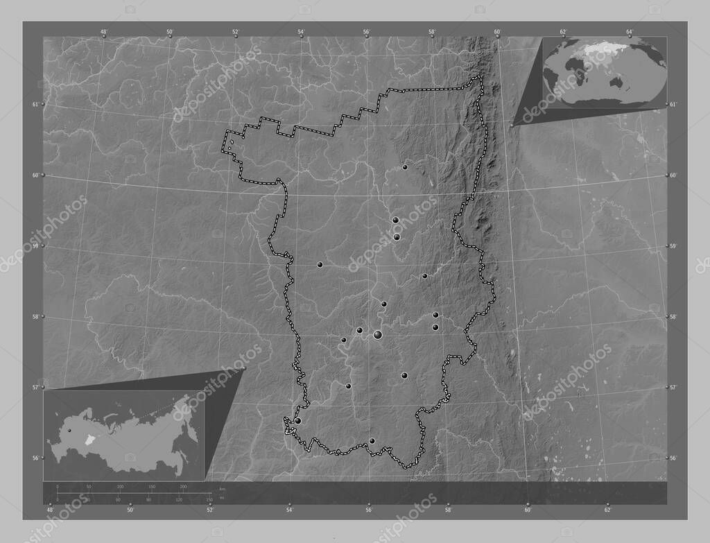 Perm', territory of Russia. Grayscale elevation map with lakes and ...