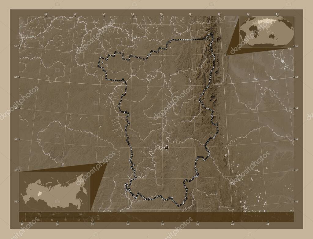 Perm', territory of Russia. Elevation map colored in sepia tones with ...