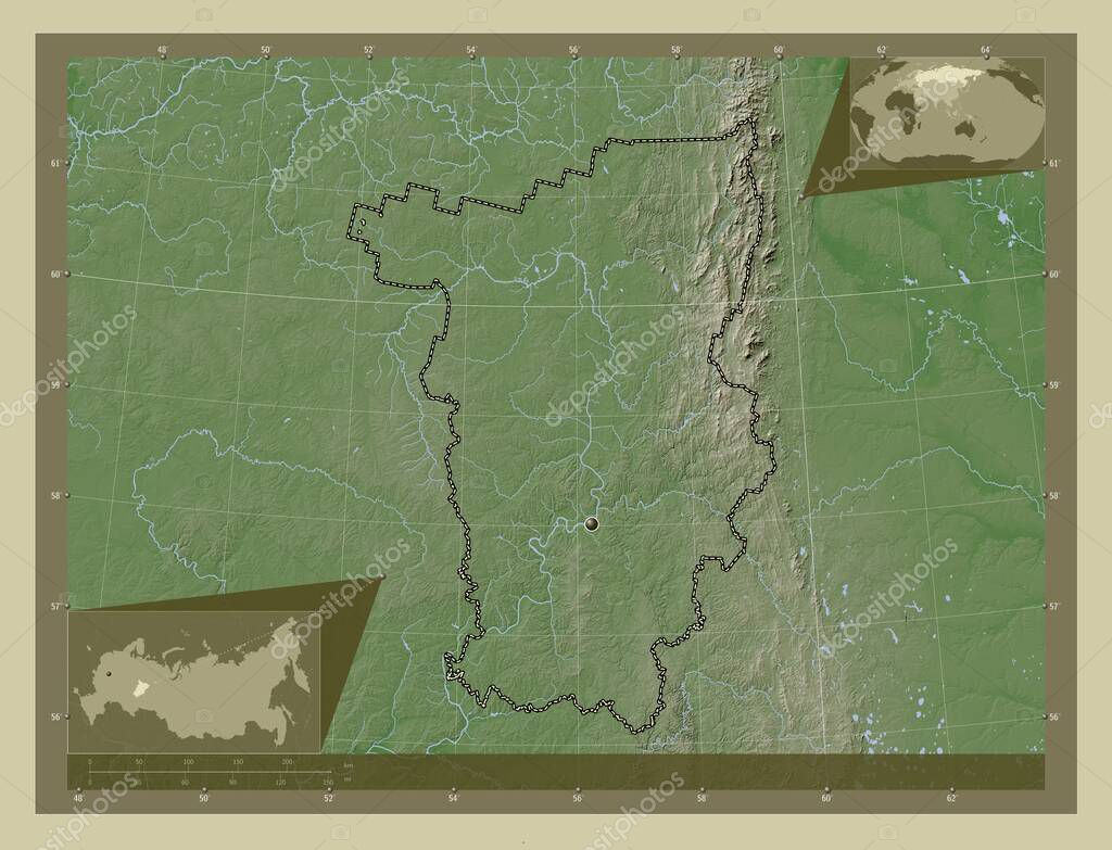 Perm', territory of Russia. Elevation map colored in wiki style with ...