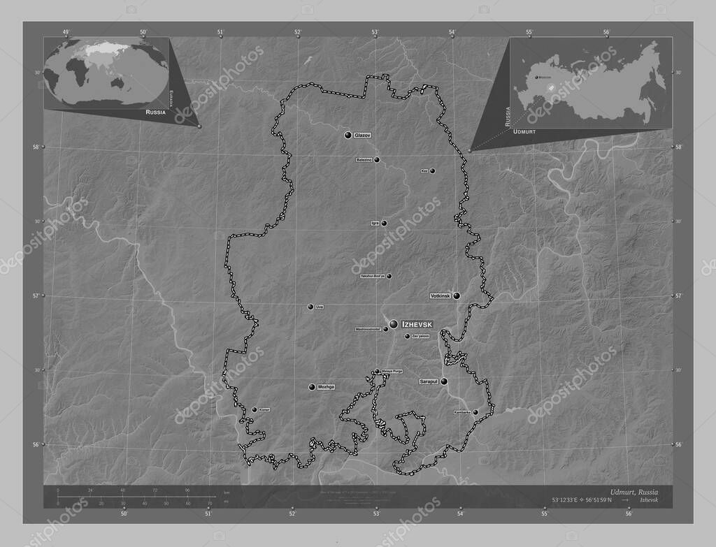 Udmurt, republic of Russia. Grayscale elevation map with lakes and ...