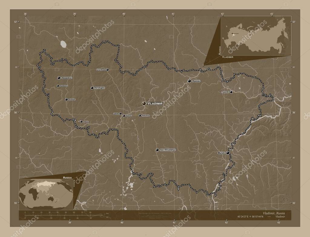 Vladimir, region of Russia. Elevation map colored in sepia tones with ...