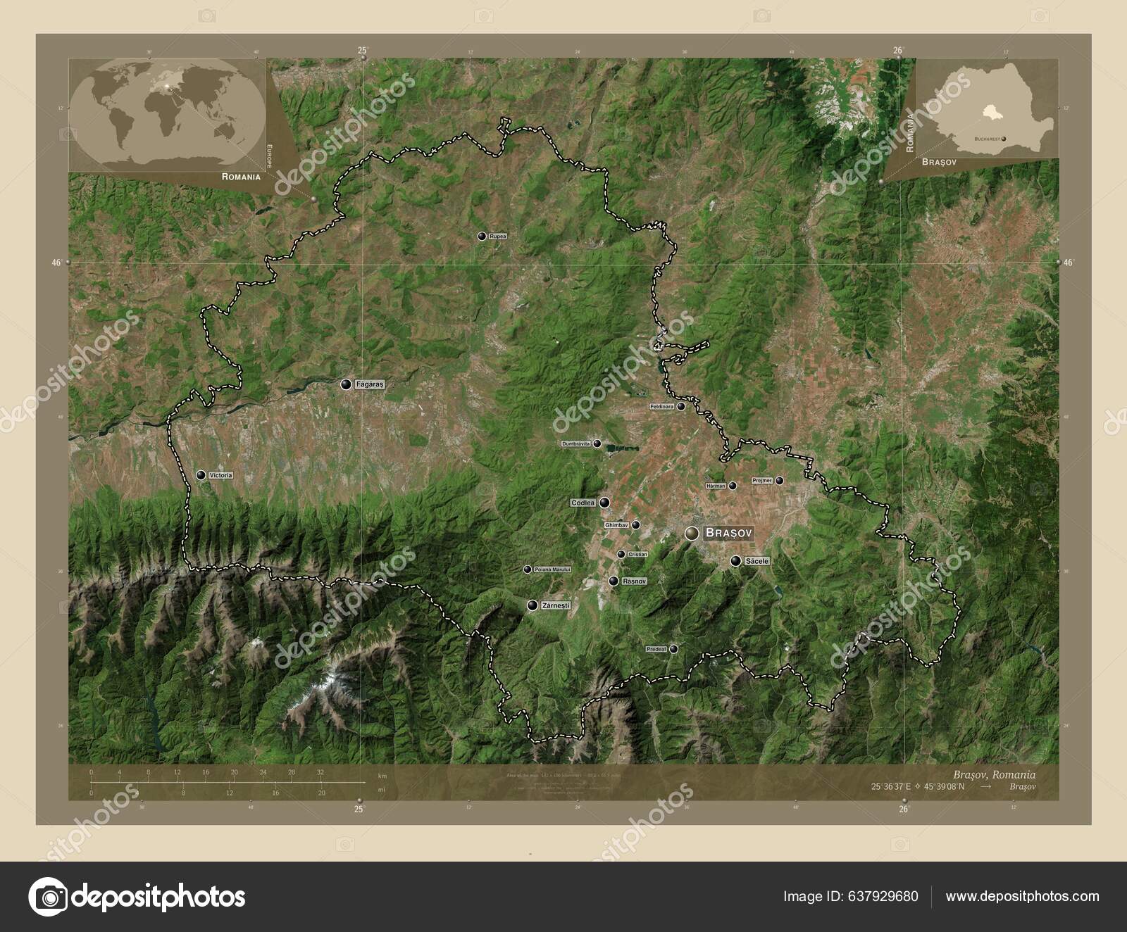 Brasov County Romania High Resolution Satellite Map Locations Names ...