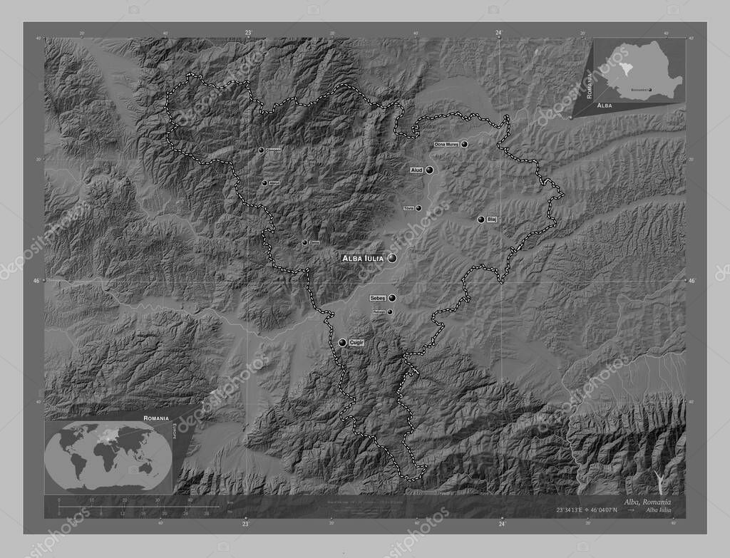 Alba, county of Romania. Grayscale elevation map with lakes and rivers ...