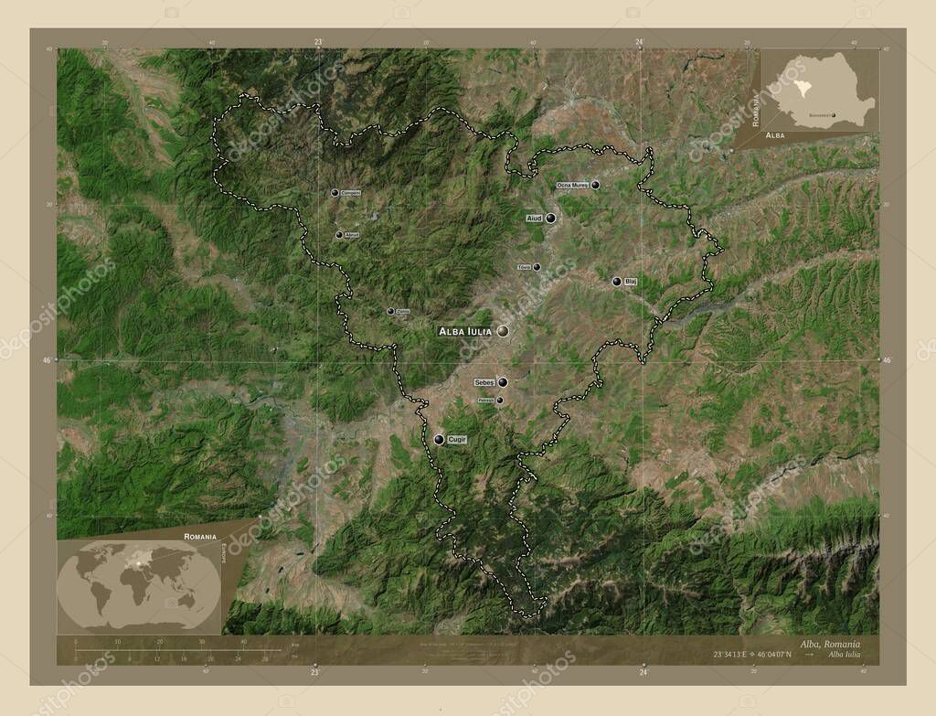 Alba, county of Romania. High resolution satellite map. Locations and ...